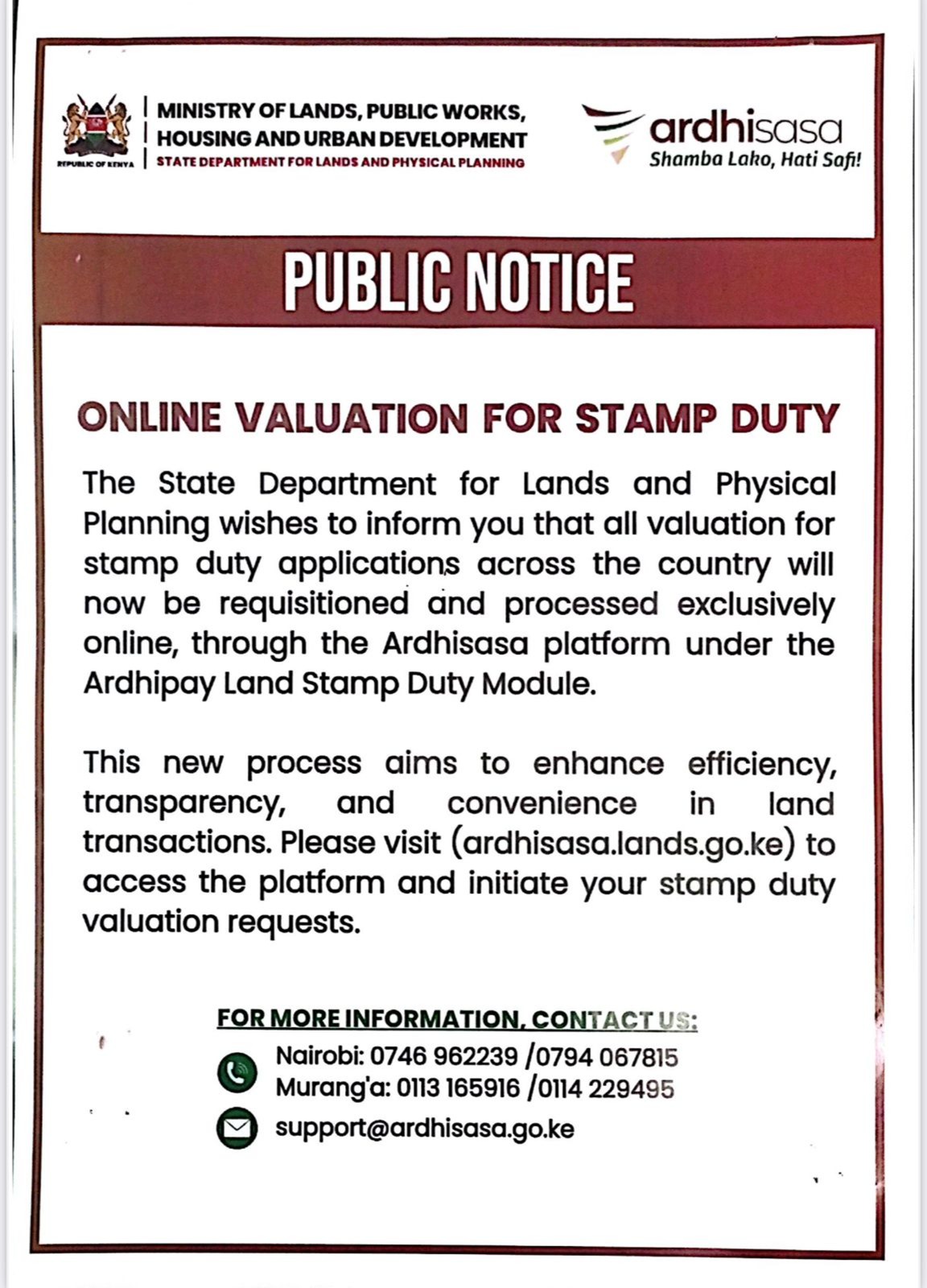 Ardhi Sasa Online Valuation Of Stamp Duty - Amcco Properties Limited